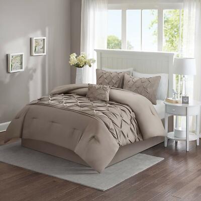 Full Queen King Bed Solid Taupe Brown Pintuck Pleat Tufted 5 pc ...