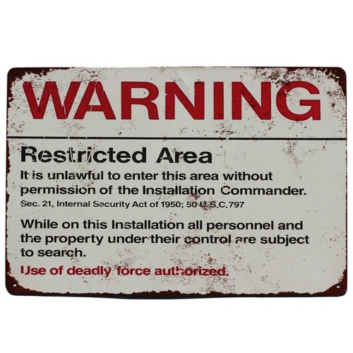 2X Restricted Area Tin Sign Warning Permission Force Authorized ManCave ...