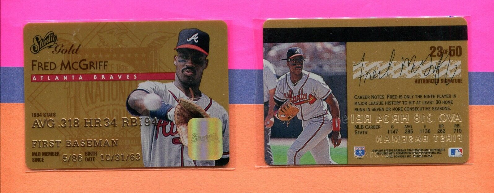 FRED MCGRIFF ATLANTA BRAVES 1995 DONRUSS STUDIO BASEBALL GOLD CREDIT ...