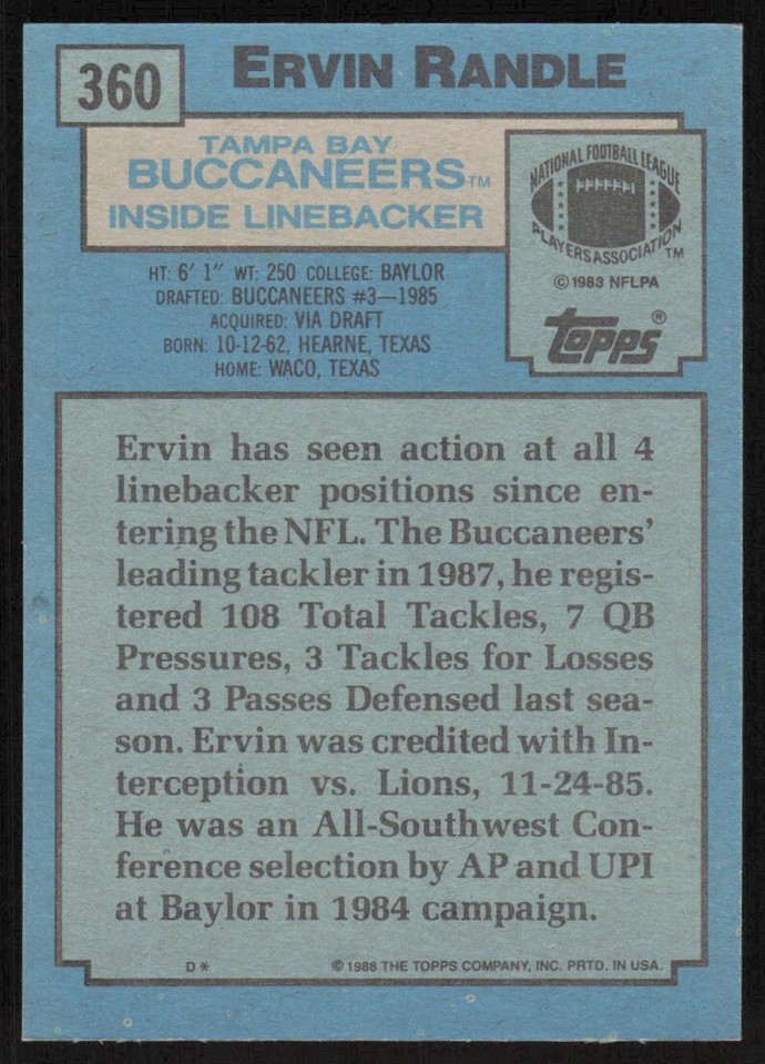 1988 Topps Football Ervin Randle RC #360 Tampa Bay Buccaneers | eBay