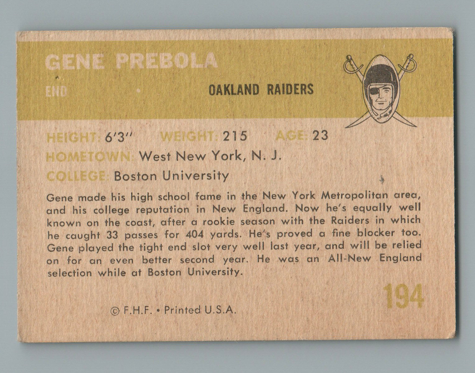 1961 Fleer # 194 Gene Prebola Oakland Raiders (Ex) High # | eBay