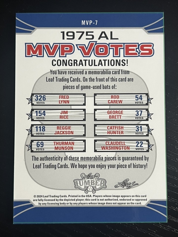 2024 Leaf Lumber 1975 AL MVP Votes Lynn Munson Brett Jackson 8 Game ...