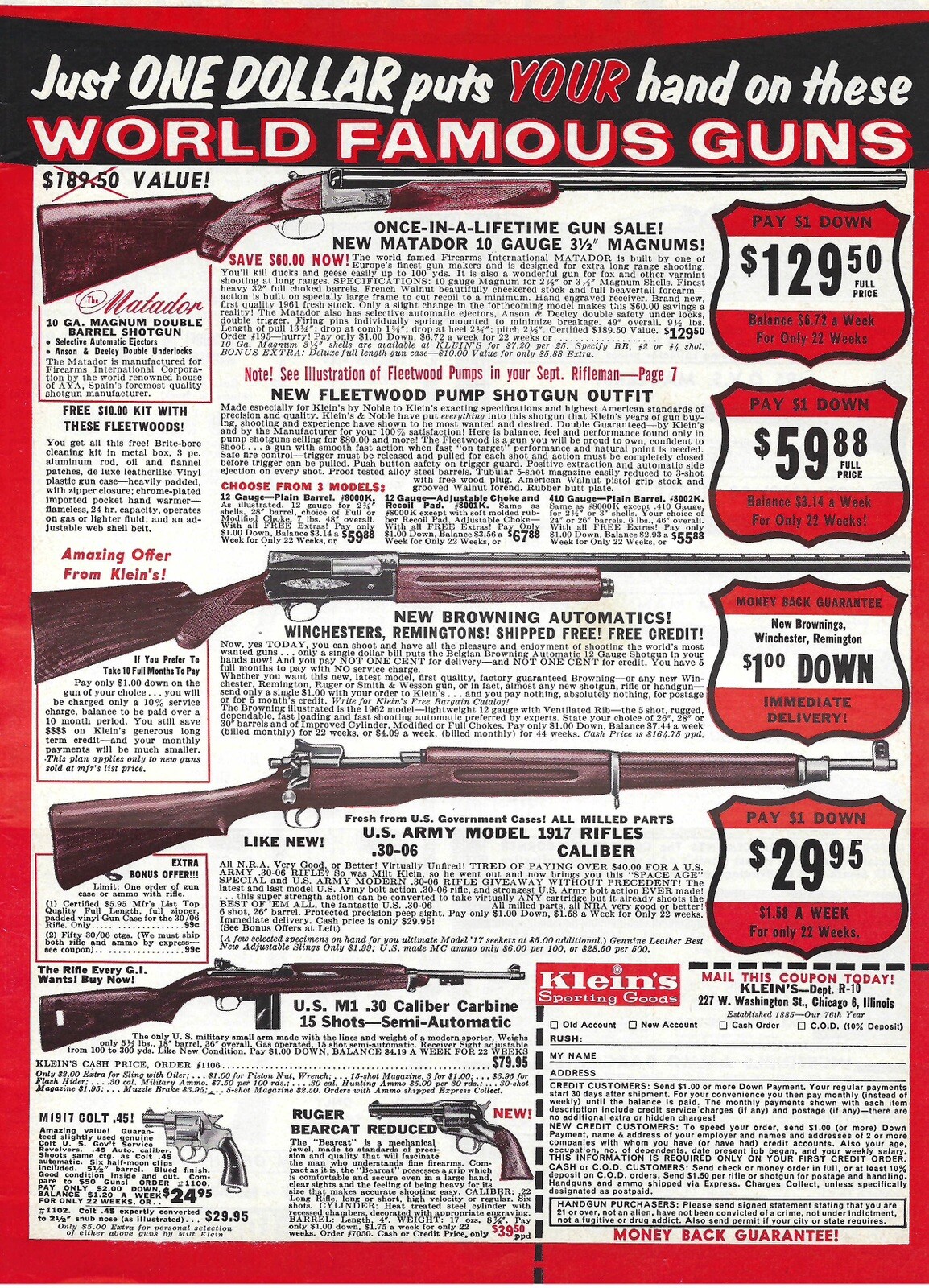 1961 Klein’s Sporting Goods World Famous Guns U.S. Army Vintage Print ...