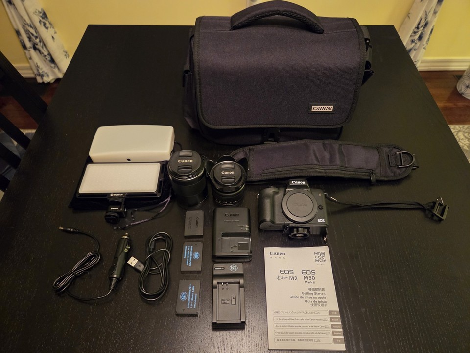 Canon EOS M50 Mark II Bundle, 2 Lenses, Shoulder Strap, Extra Batteries ...