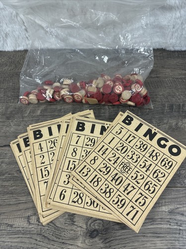 Vintage Bingo Card Game Red Round Wooden Tiles Cardboard Family Fun ...