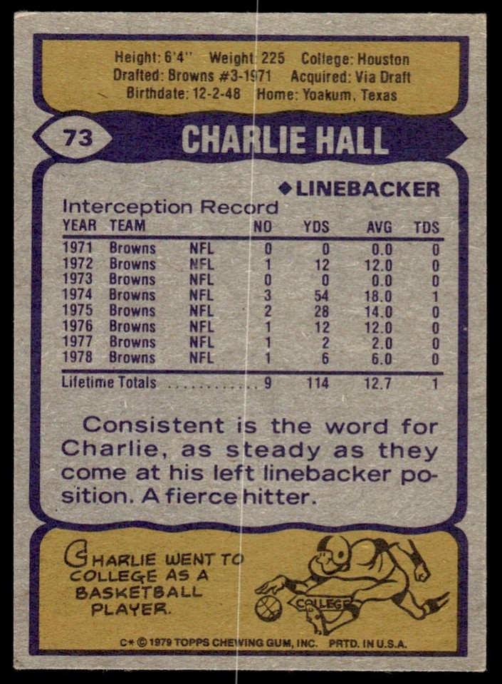 1979 Topps Charlie Hall Cleveland Browns #73 | eBay