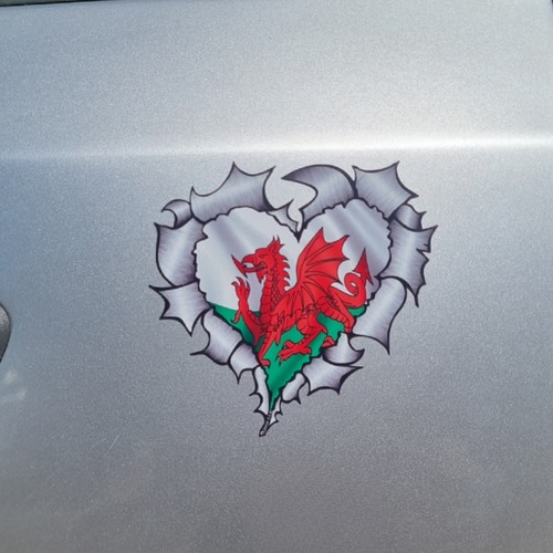 Wales Welsh Dragon Flag Heart Ripped Metal Vinyl Sticker Decal For Car ...