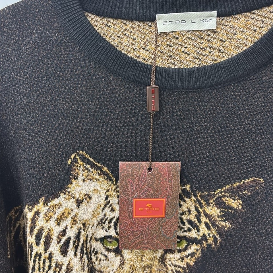 NWT Etro Men's Black Leopard Graphic Crewneck Sweater Size L | eBay