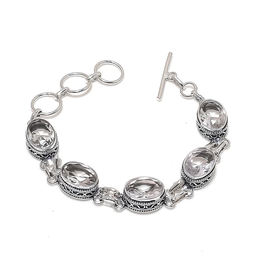 White Topaz Gemstone Handmade 925 Sterling Silver Jewelry Bracelet Size ...