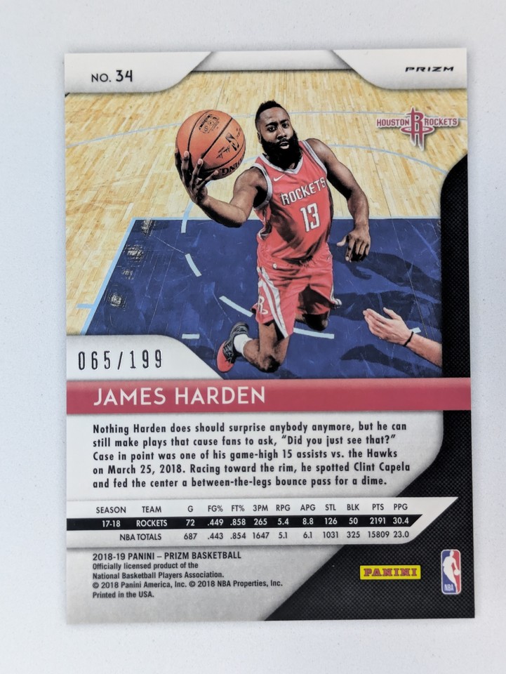 2018-19 Panini Prizm #34 James Harden Prizms Blue #/199 Houston Rockets ...