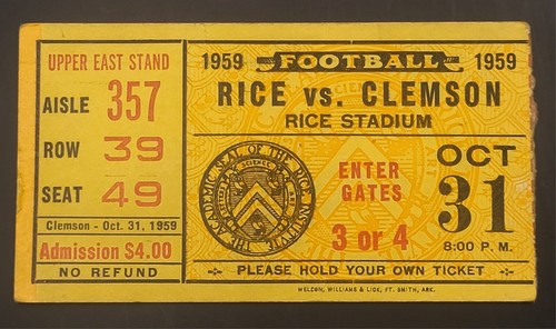 1959 CLEMSON TIGERS VS RICE OWLS FOOTBALL TICKET STUB RICE STADIUM | eBay