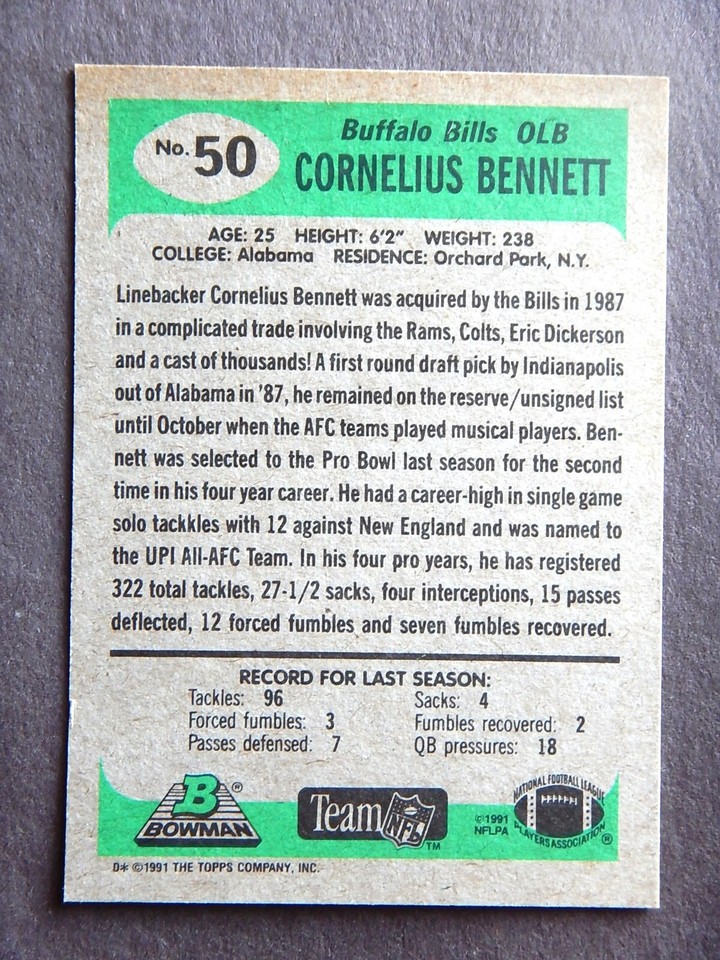 Cornelius Bennett #50 Bowman 1991 Football Card (Buffalo Bills) VG | eBay