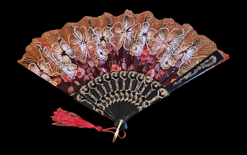 Hand Fan Abanico de Mano Imagenes de Flores Color Vino Gitana Misterio ...
