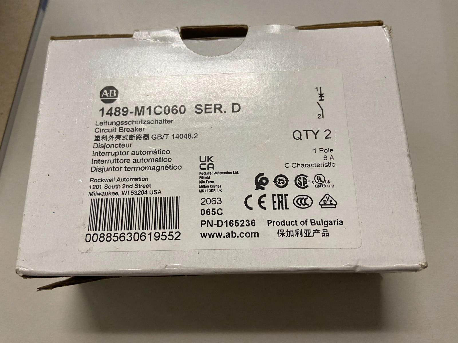 Allen Bradley 1489-m1c060 Circuit Breaker 1 Pole Series D 10ka 277v for ...