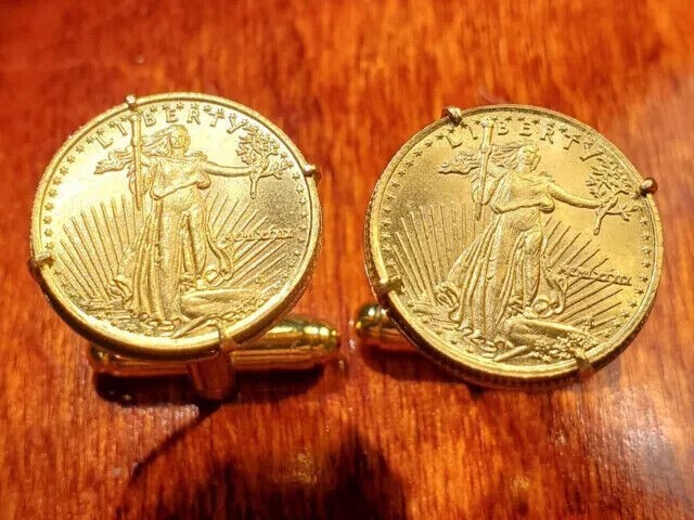 Striding Liberty Coin Men's Cufflinks 14K Yellow Gold Plated Sterling ...