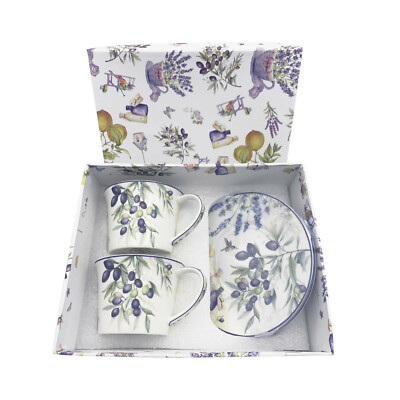 Set of 2 Lavender and Olive Cups 250cc w Saucer Coffee Tea Mug w Box ...