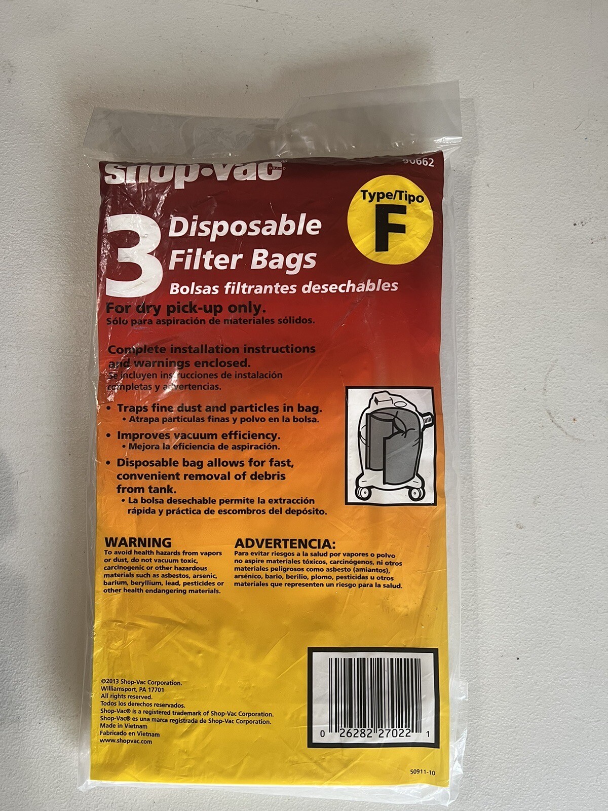 Shop-Vac 90662 Disposable Filter Bags Type F 10-14 Gallons 3ct for sale ...