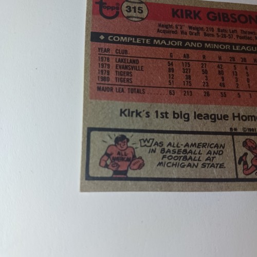 1981 TOPPS Baseball Card #315 KIRK GIBSON TIGERS ROOKIE RC NM NR-MT | eBay