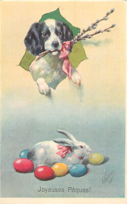 Easter greetings postcard c.1927 drawn dog and rabbit | eBay