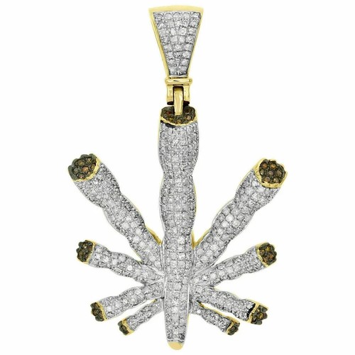 14K Yellow Gold FN White & Red Diamond Marijuana Leaf 1.90 Weed Charm 1 ...