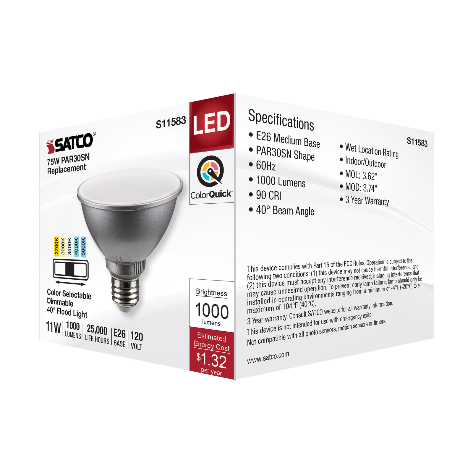 Satco S11583 Flood LED 11W =75W 120V PAR30SN Short Neck Dimmable CCT ...