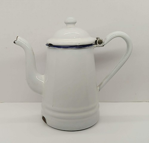 Small Vintage Enamelware Tea Coffee Pitcher Kettle White & Blue 6" | eBay