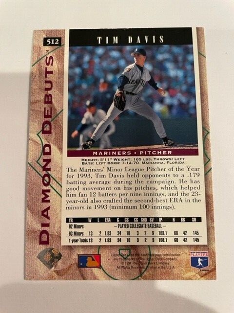 Tim Davis ROOKIE CARD 1994 Upper Deck Diamond Debuts #512 Seattle ...