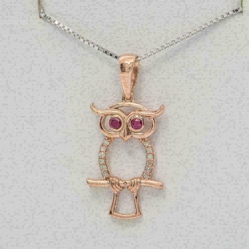 1Ct Round Simulated Pink Ruby Owl Shape Pendant 18" Chain 14K Rose Gold ...