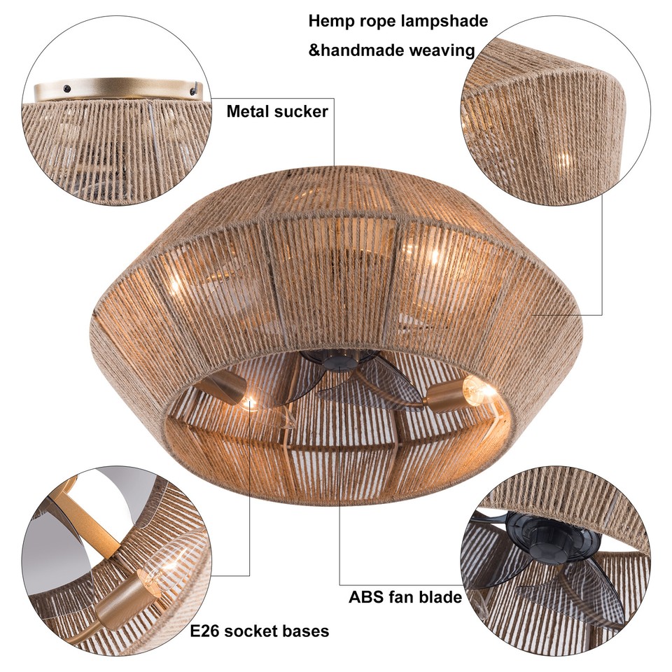 Boho Ceiling Fan Rattan Caged Flush Mount Fan Light +Remote Control ...