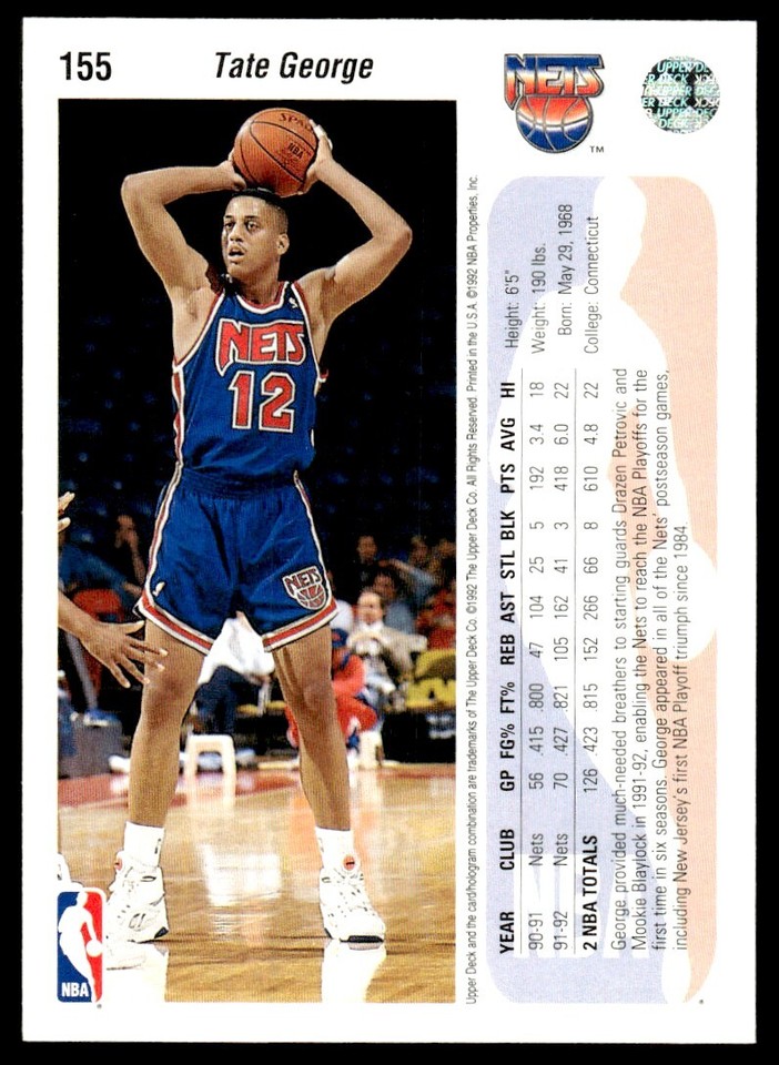 1992-93 Upper Deck Basketball Card Tate George New Jersey Nets #155 | eBay