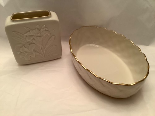 Lot of 2 LENOX COLLECTIBLES, LATTICE BOWL AND LILY SQUARE VASE, 24kt ...