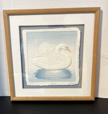 Vintage WESS Hand Cast Paper-Colored Art "Swan" Signed, Wood Framed 13 ...