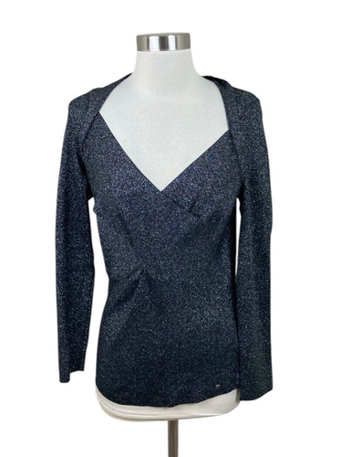 Ted Baker 4 M Black Silver Metallic Criss Cross Stretch Knit Top Quiet Luxury | eBay