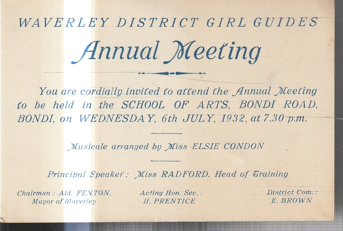 AUSTRALIAN MEMORABILIA ,WAVERLEY GIRL GUIDES ANNUAL MEETING INVITE 6TH ...