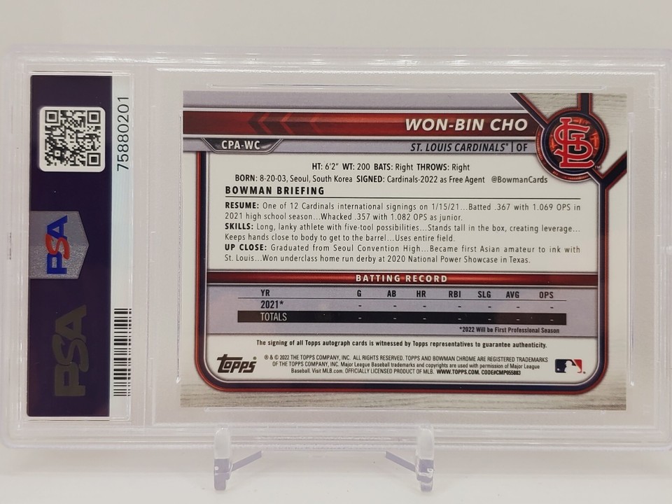 2022 Bowman Chrome 1st Won-Bin Cho Auto PSA MINT 9 Cardinals ROOKIE ...