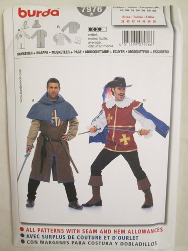 Burda 7976 Mens Musketeer Costume Pattern 38-50 Medieval Renaissance ...
