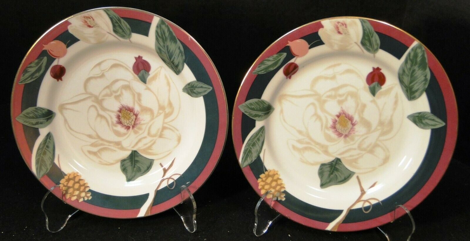 Tienshan Magnolia Salad Plates 8" Flowers Red White Set of 2 Excellent ...