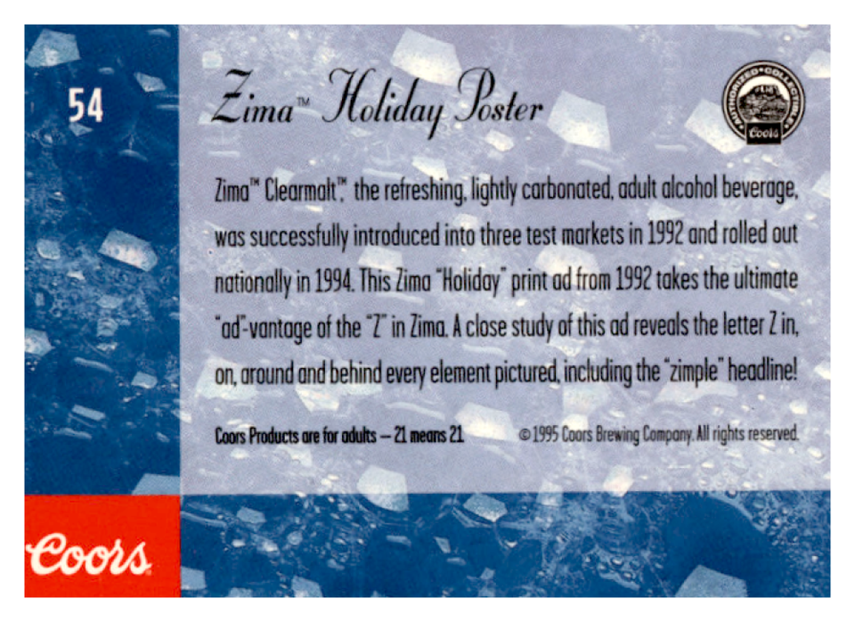 1995 Coors #54 Zima Holiday Poster NM Near Mint ID:64880 | eBay