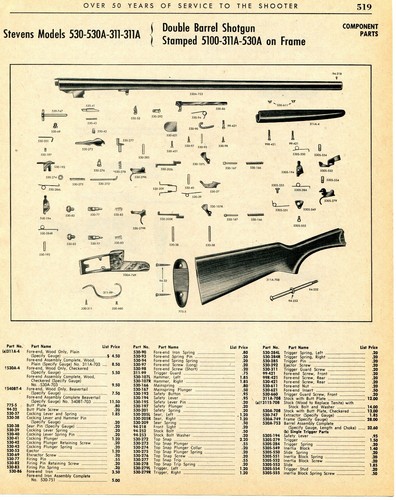 1966 Print Ad of Stevens Model 530 530A 311 311A DB Shotgun Parts List ...