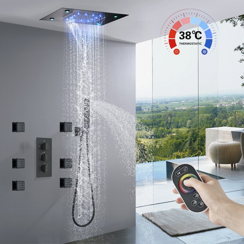 LED Rain&Waterfall Shower Faucet Set Thermostatic Valve Massage Shower ...
