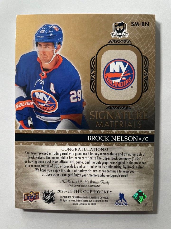 23-24 The Cup Hockey Signature Materials Patch Auto SM-BN Brick Nelson ...