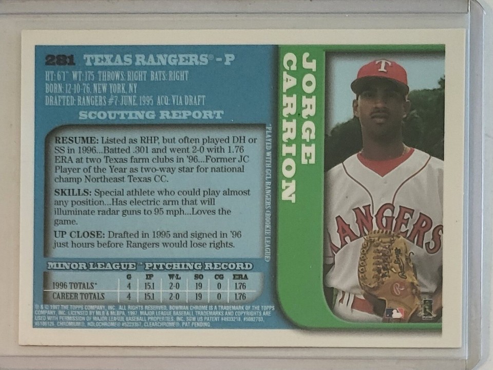 1997 Bowman Chrome #281 Jorge Carrion Texas Rangers Baseball Card | eBay