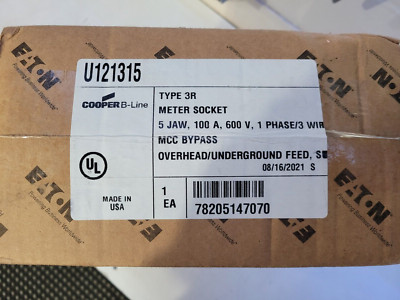 New Cooper B-Line U121315 Meter Socket Type 3R 5 Jaw 100A 600V 1P 3W ...