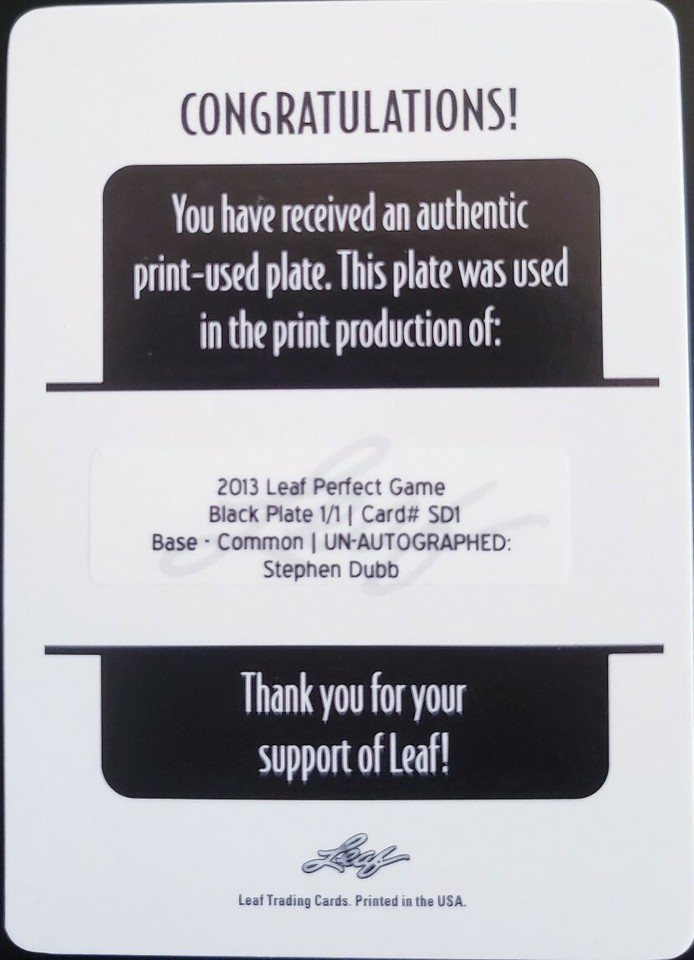 STEPHEN DUBB 2013 Leaf Perfect Game Rookie Black PRINTING PLATE SP #1/1 ...