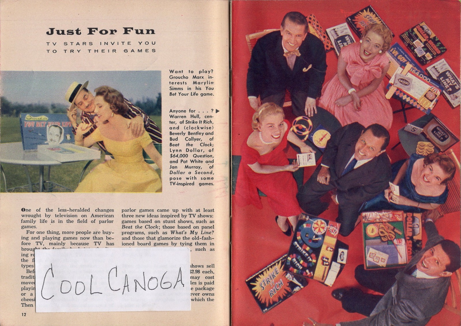 1956 TV ARTICLE/TELEVISION BOARDGAMES/GROUCHO MARX/JAN MURRAY/MARILYN ...