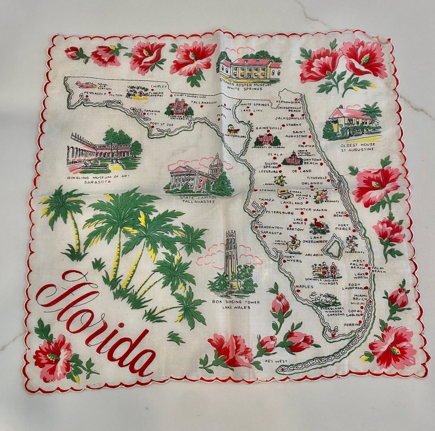 Vintage Florida State Map (Pre Disney) Cotton Handker… - Gem