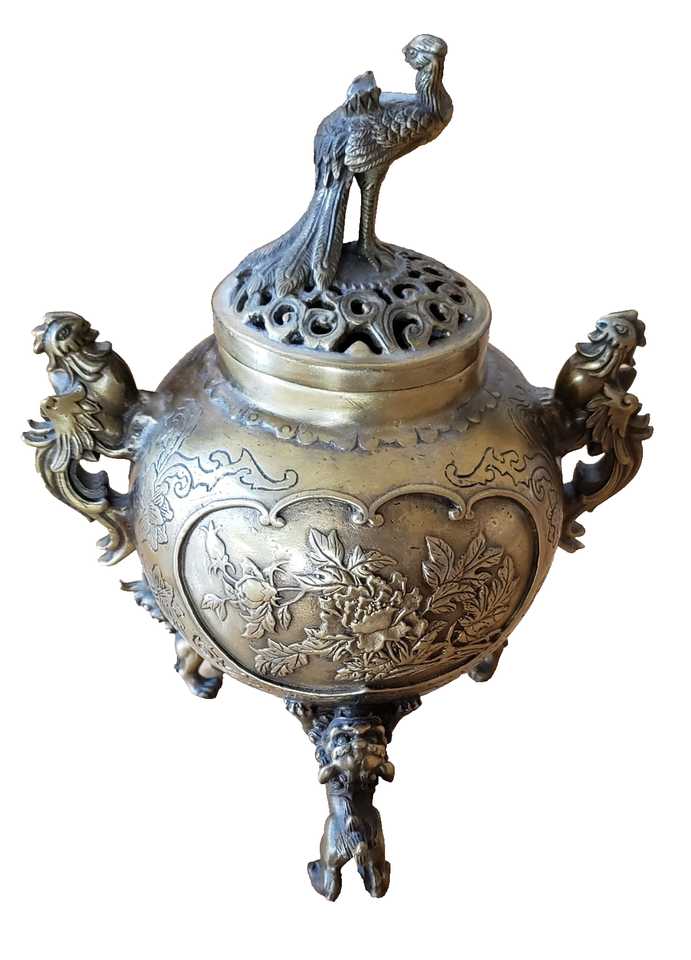 Vtg Chinese Ancient Brass Phoenix Bird Foo Dogs Peacock Incense Burner ...