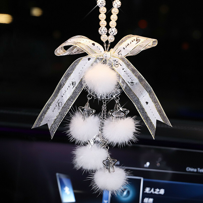 Cute White Fur Pearl Pendant Rear View Mirror Accessorie Car Pendant | eBay