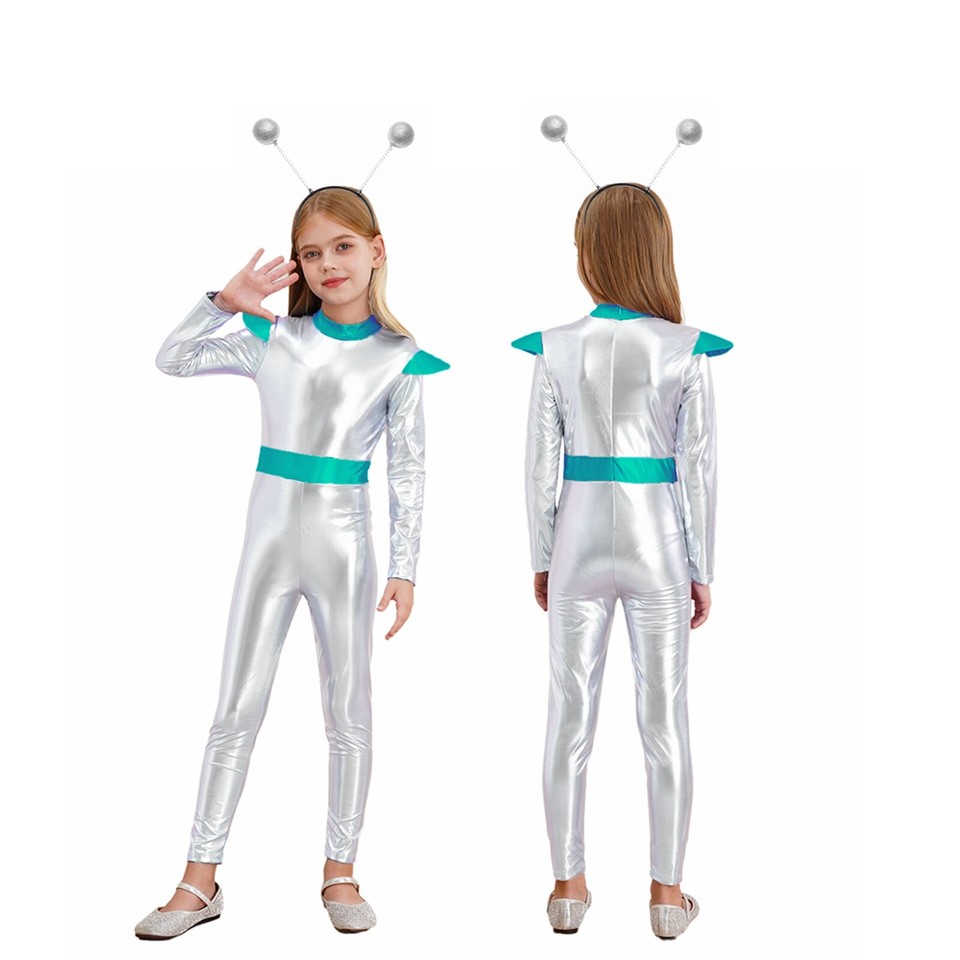 Kids Girls Alien Outer Space Cosplay Fancy Dress Up Metallic Jumpsuit ...