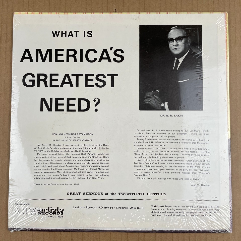 DR. B. R. LAKIN What Is America's Greatest Need? LP Landmark LLP 709 ...